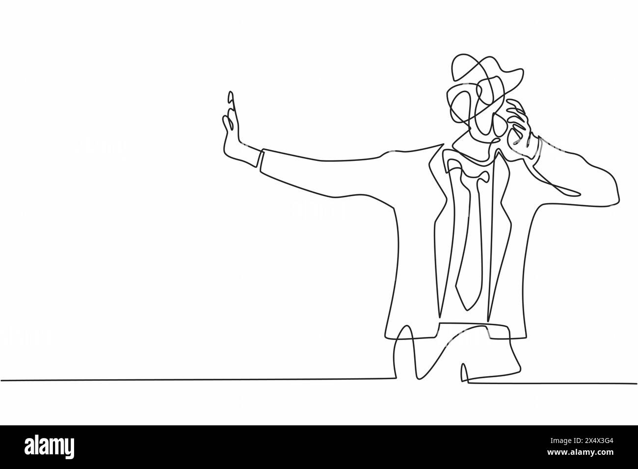Continuous one line drawing businessman with round scribbles instead of head. Man stop gesture ...