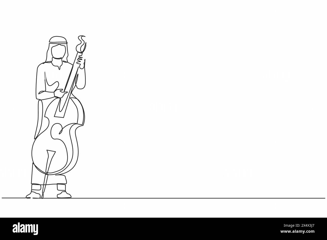 Continuous one line drawing double bass player standing with big string ...