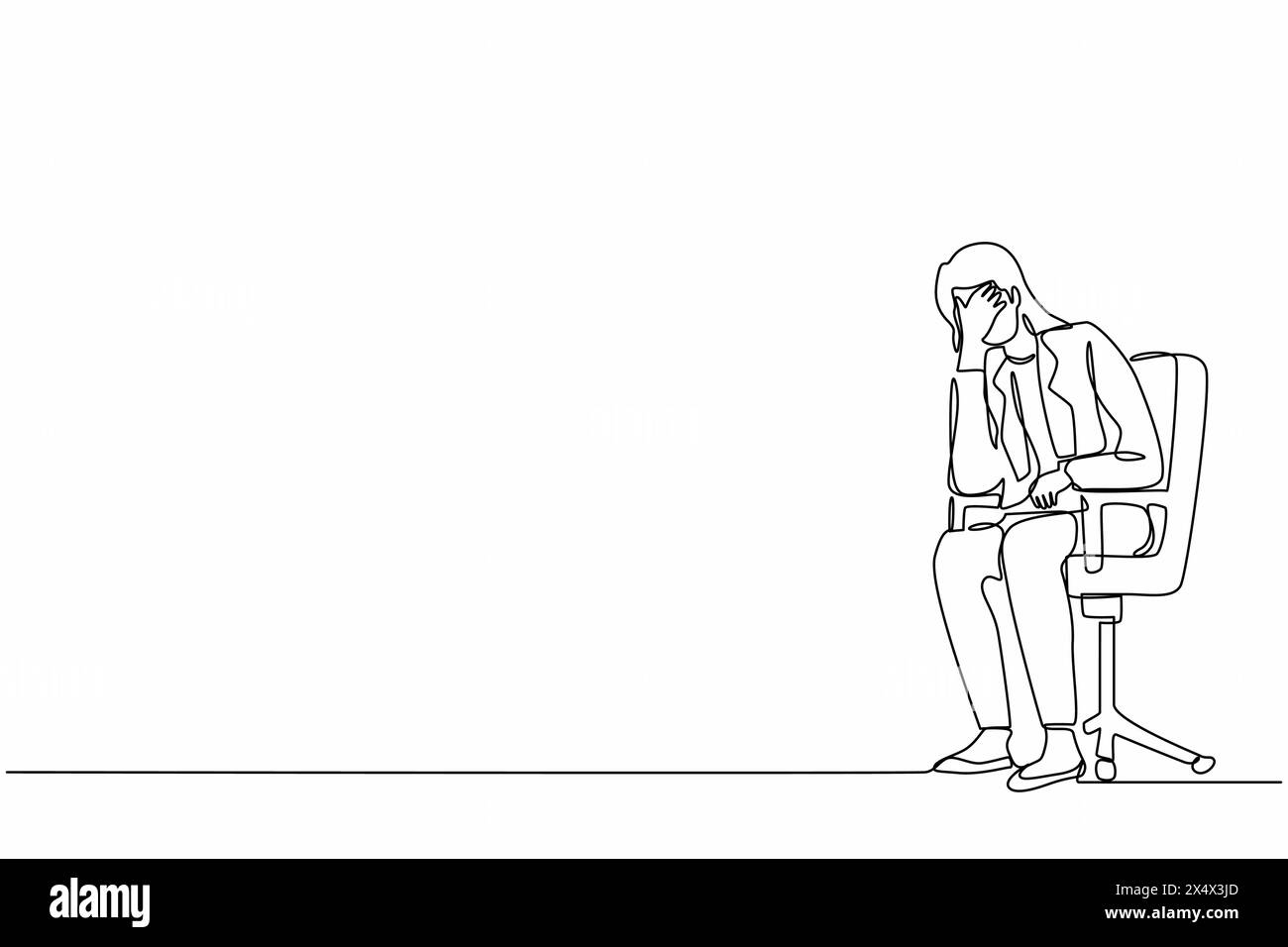 Single one line drawing sad depressed businesswoman sitting on chair ...