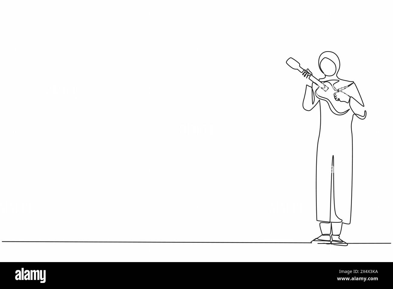 Single continuous line drawing Arabian girl playing on ukulele and ...