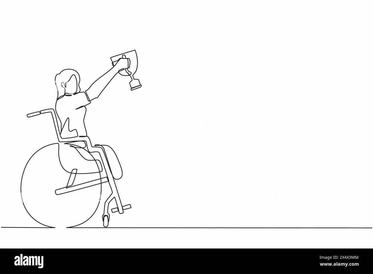 Continuous one line drawing happy sportswoman in wheelchair hold golden ...