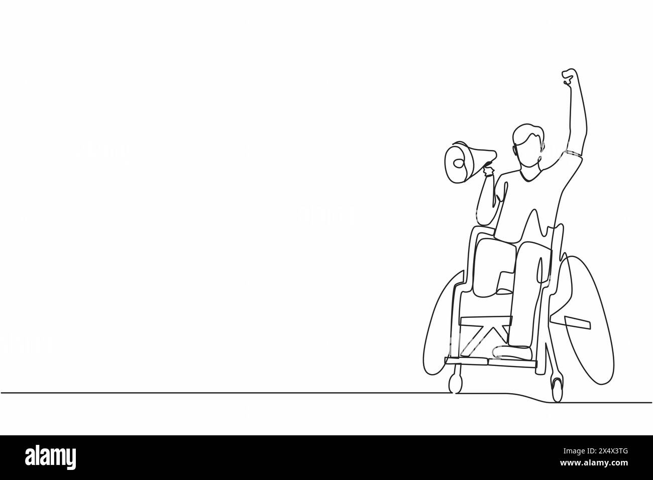 Single one line drawing happy disability young man in wheelchair ...