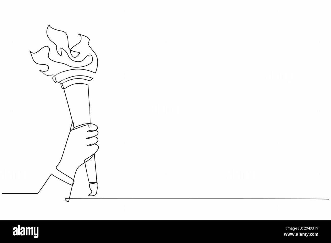 Single one line drawing hand holding golden torch with fire flame ...
