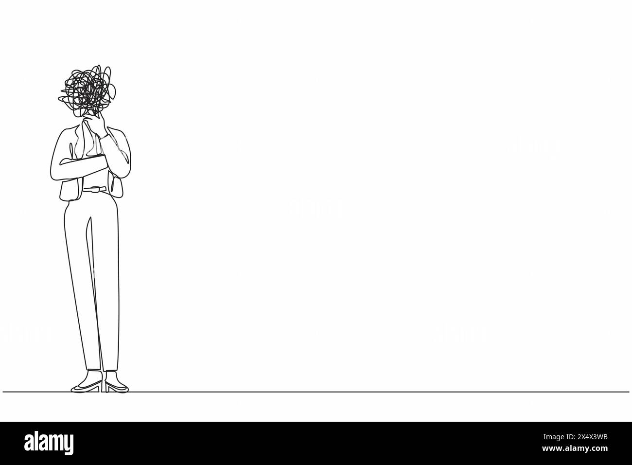 Single continuous line drawing businesswoman with round scribbles ...