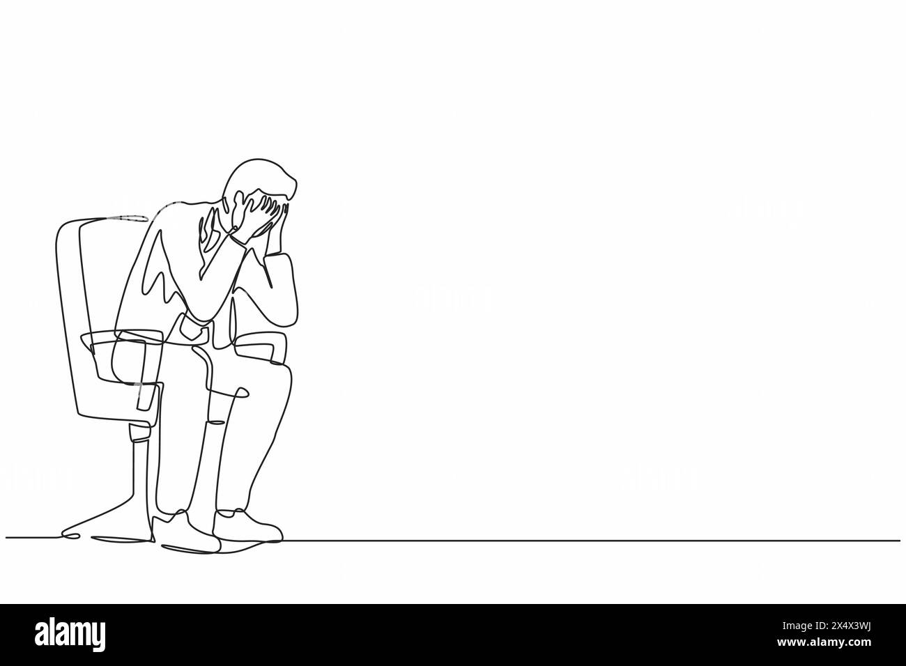 Single one line drawing frustrated businessman holding his head sitting ...