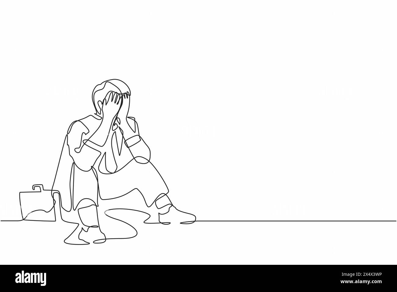 Single continuous line drawing sad businessman cover his face by hands ...