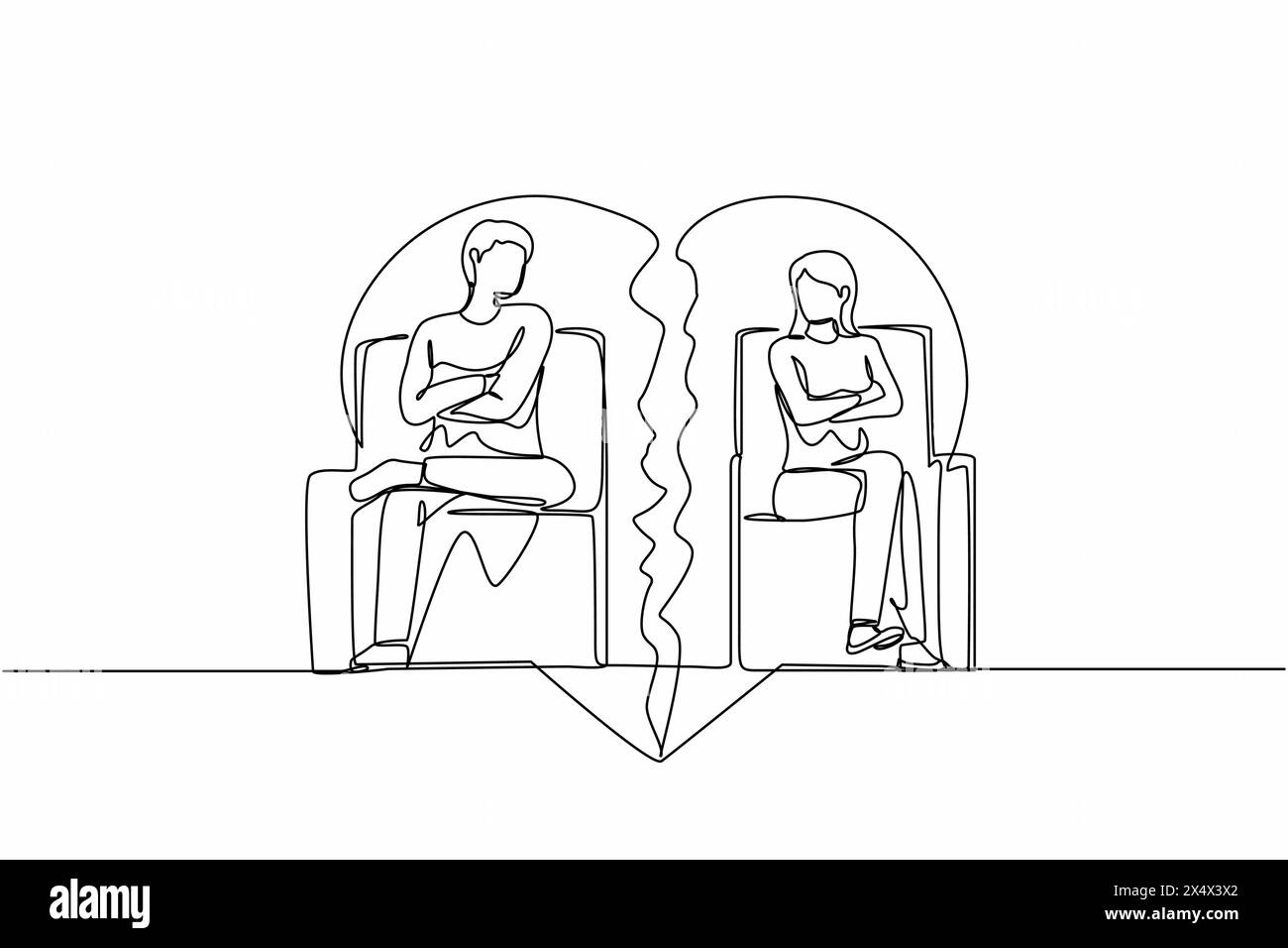 Single Continuous Line Drawing Unhappy Stubborn Couple Sit Separate On