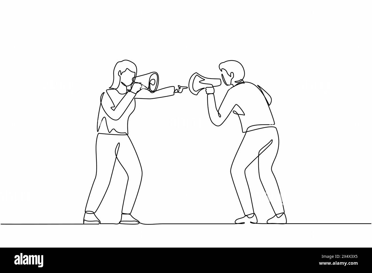 Single continuous line drawing man and woman hold loudspeakers scream ...