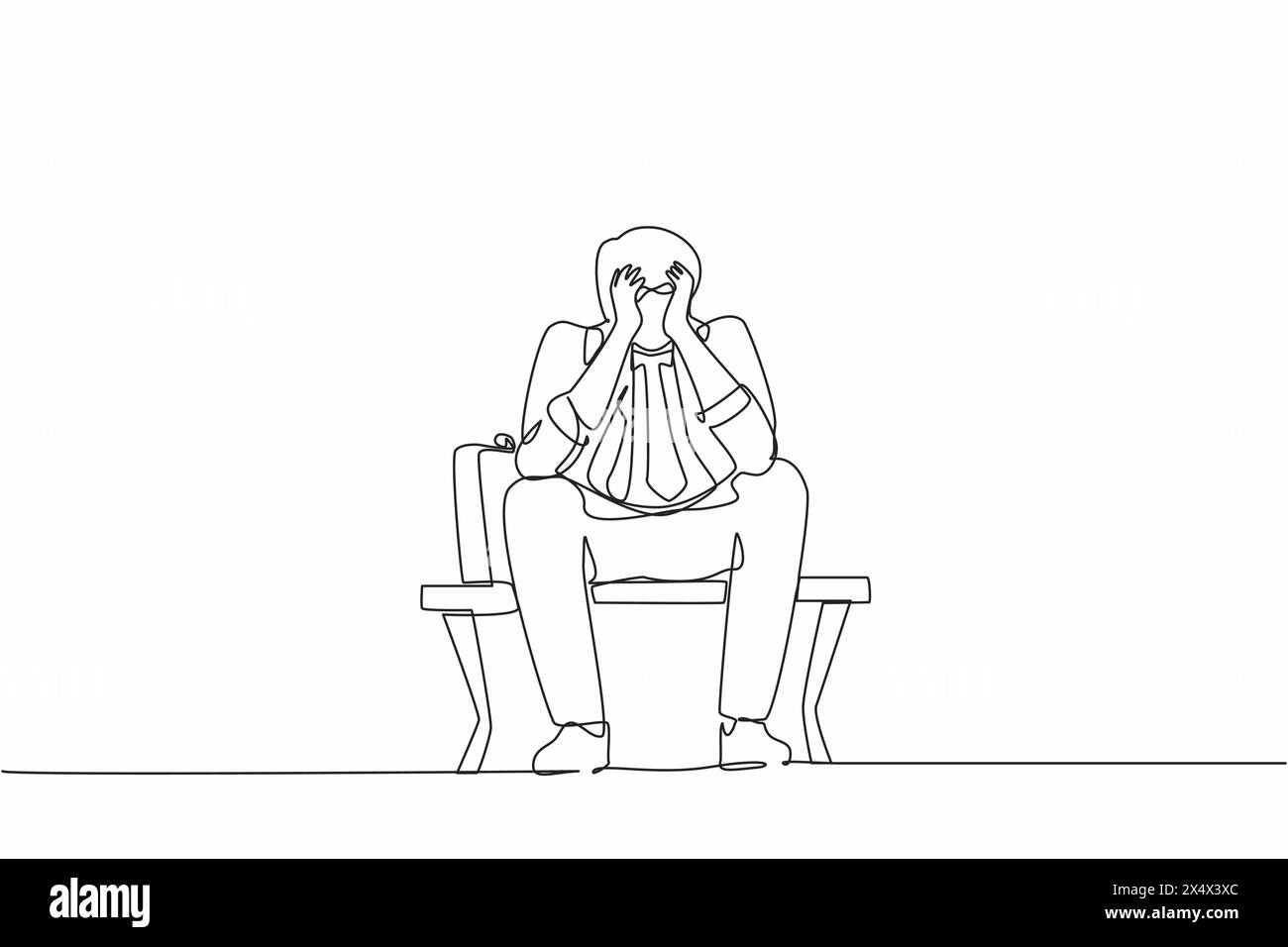 Single Continuous Line Drawing Sad Businessman Depression Lonely Man Sitting On Park Bench