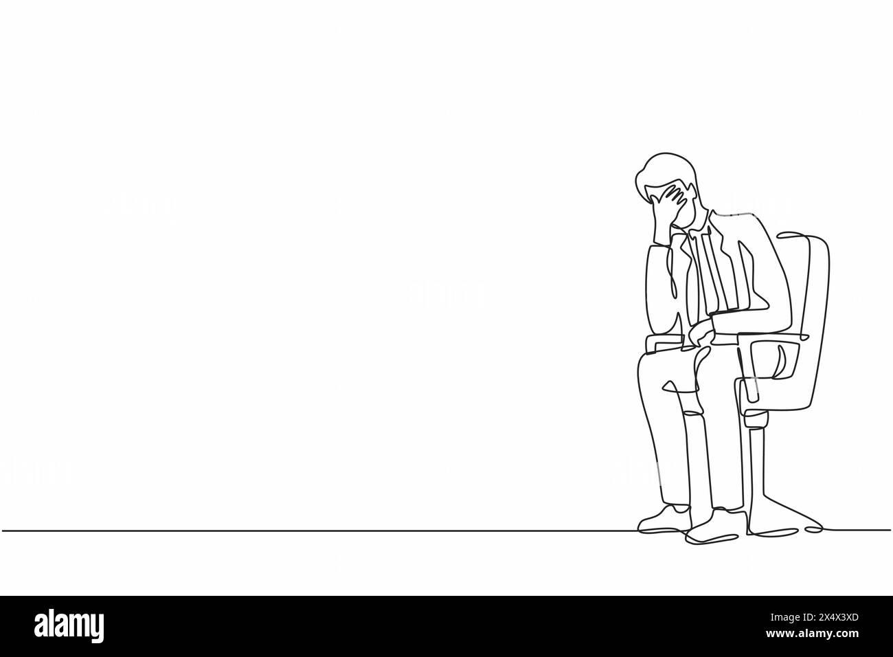 Single continuous line drawing sad depressed businessman sitting on ...