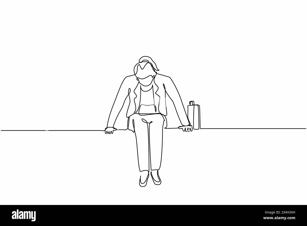 Single one line drawing sad businesswoman sits at bench alone. Woman ...