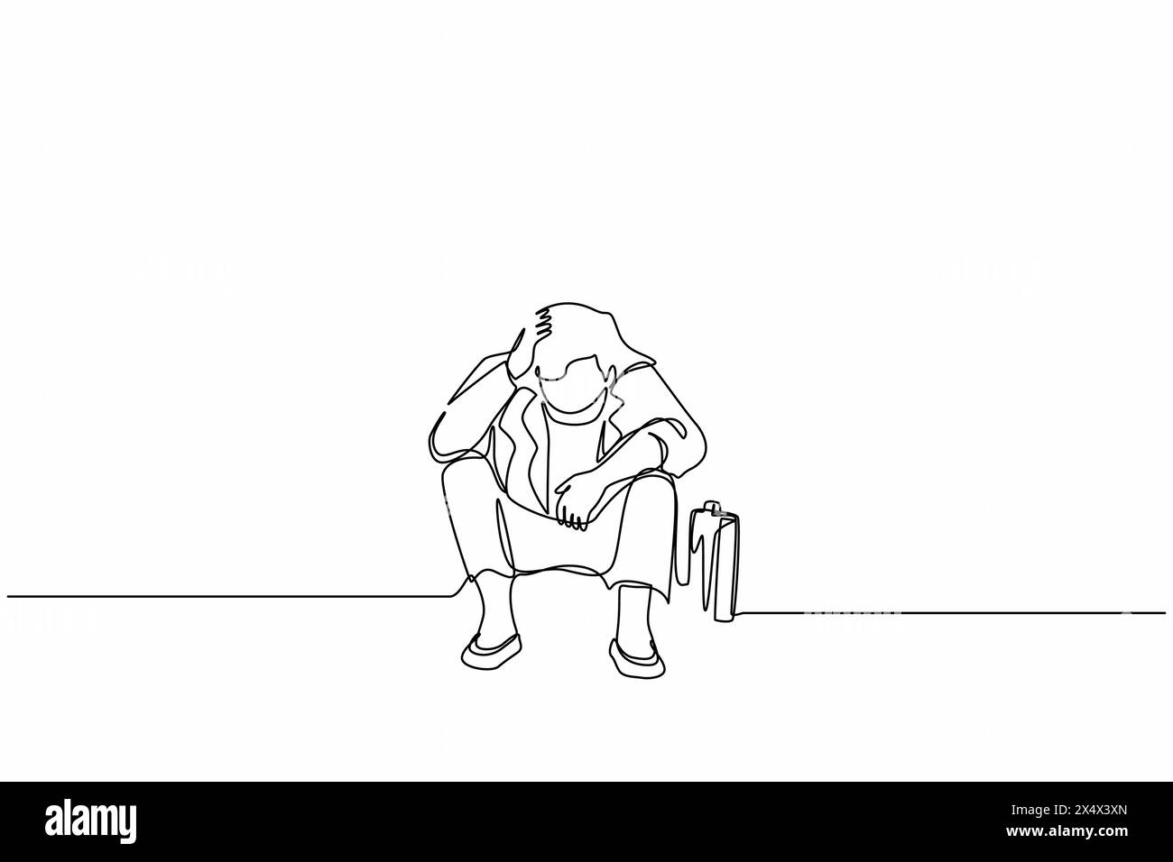 Single one line drawing businesswoman feeling sad, depression, holding ...