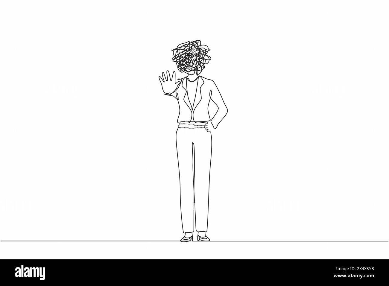 Single continuous line drawing businesswoman with round scribbles ...