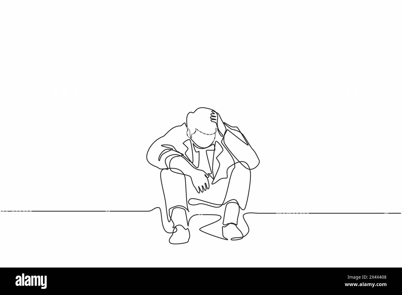 Single one line drawing businessman feeling sad, depression, holding ...