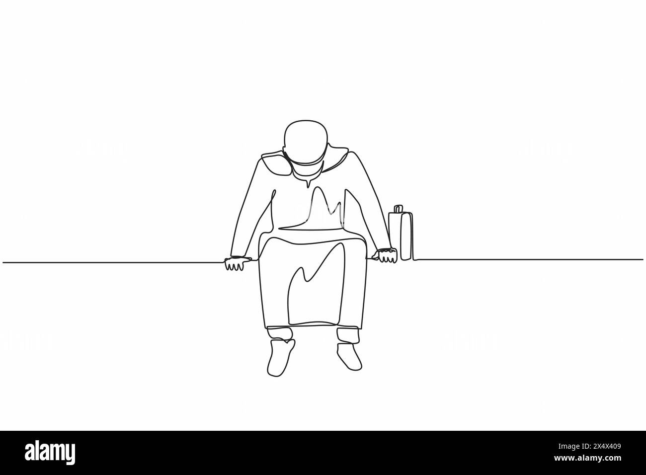Single continuous line drawing sad Arab businessman sits at bench alone ...