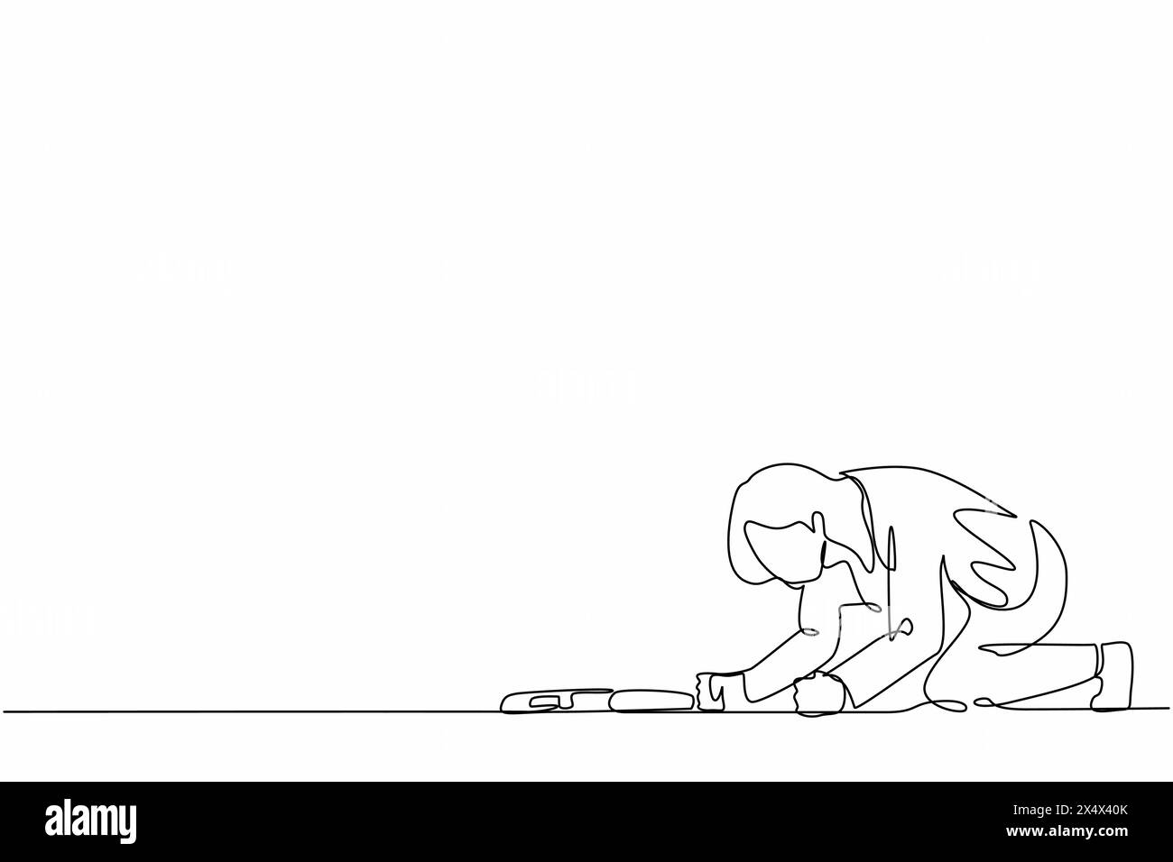 Single continuous line drawing depressed businesswoman with briefcase ...