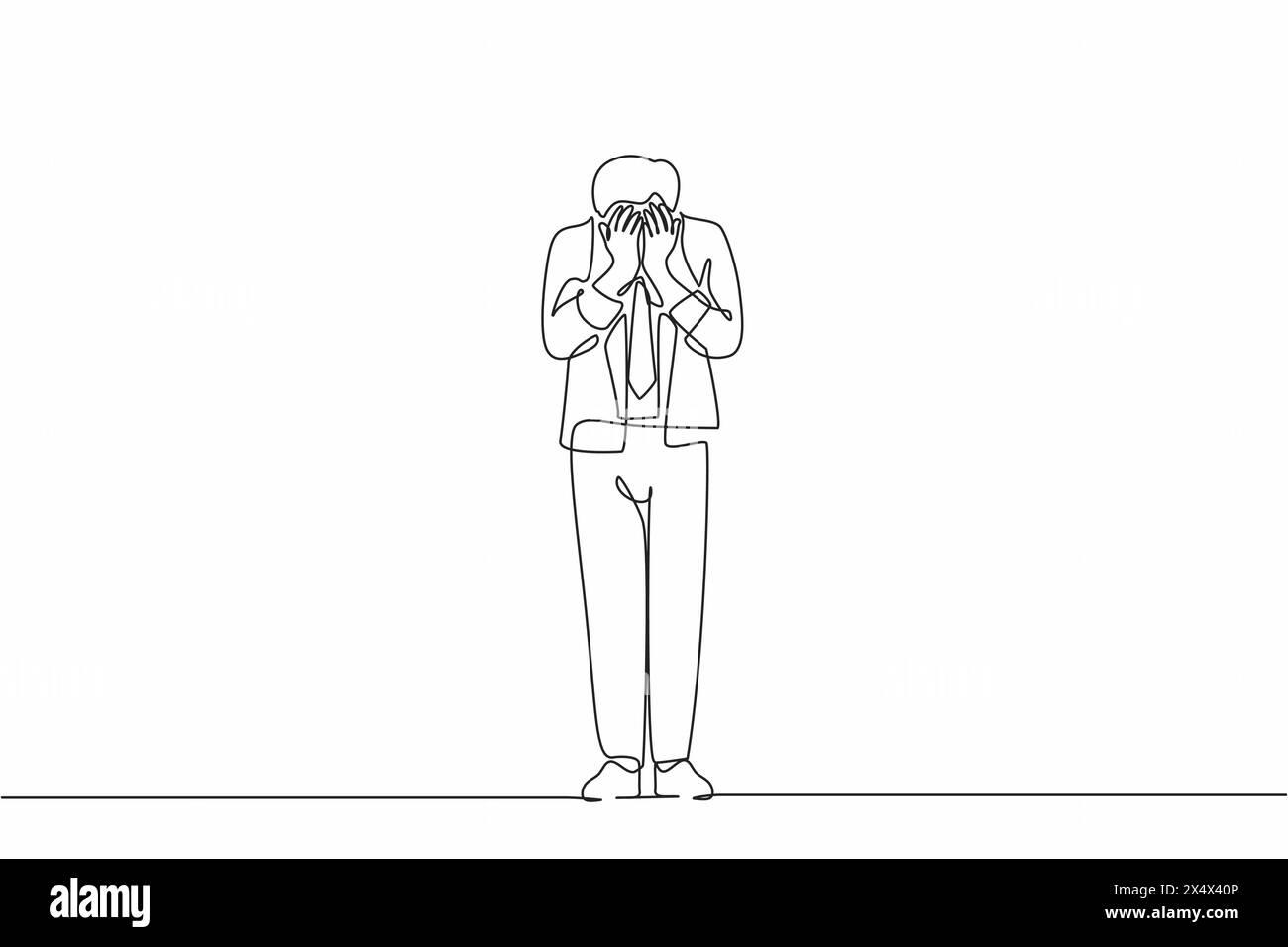 Continuous one line drawing businessman cover his face by hands and ...