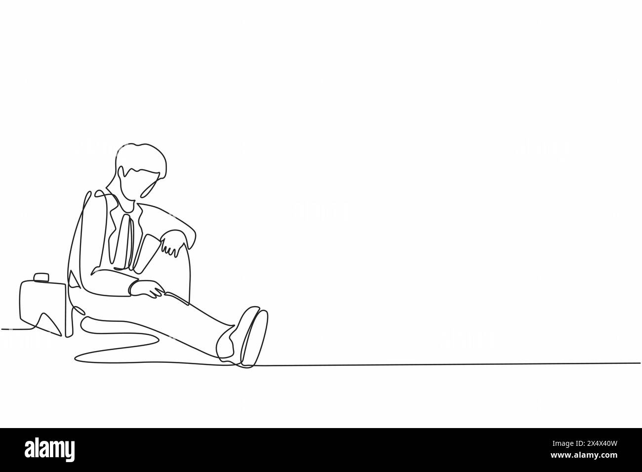 Single one line drawing depressed businessman with briefcase sitting in ...
