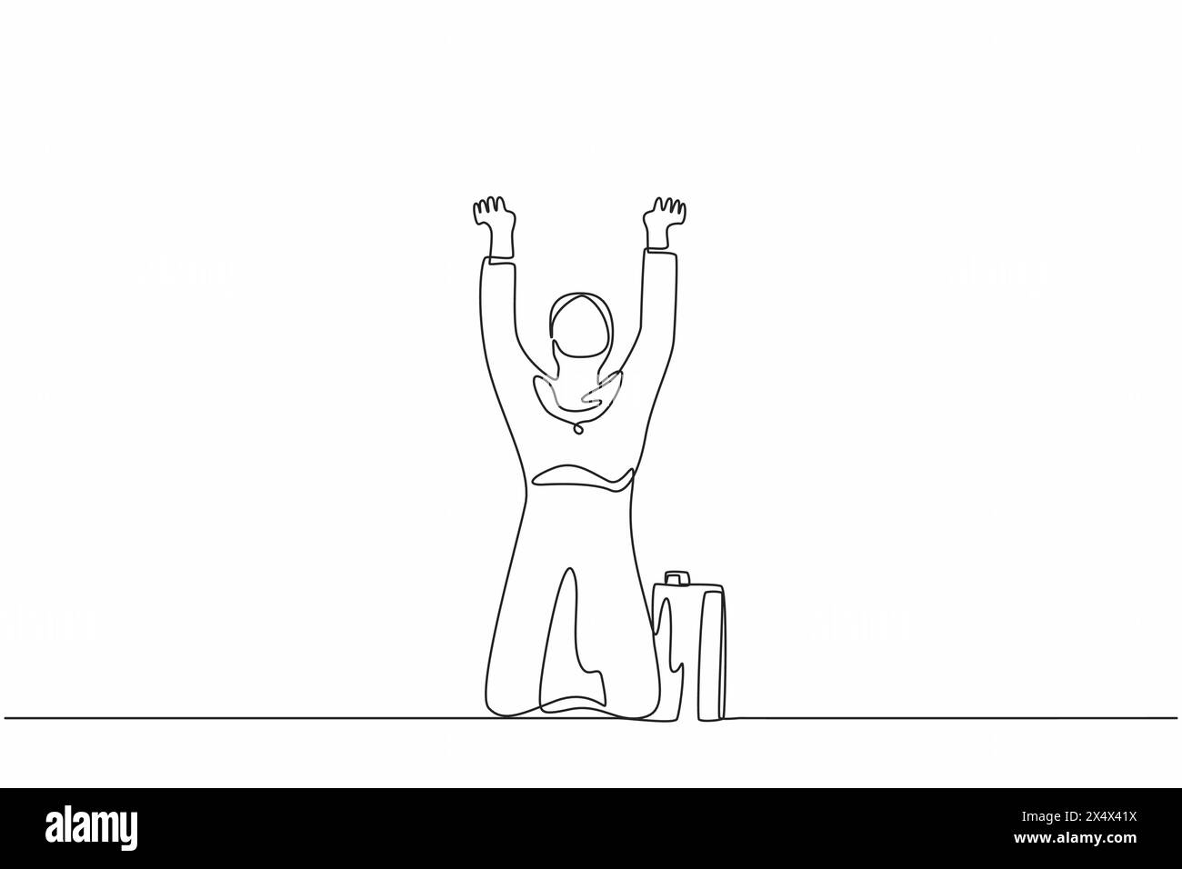 Single one line drawing sad shocked Arabian businesswoman kneeling and ...