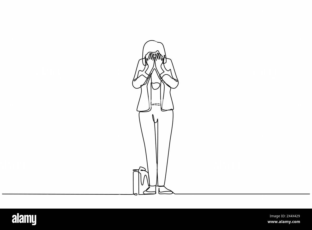 Continuous one line drawing businesswoman cover her face by hands and ...