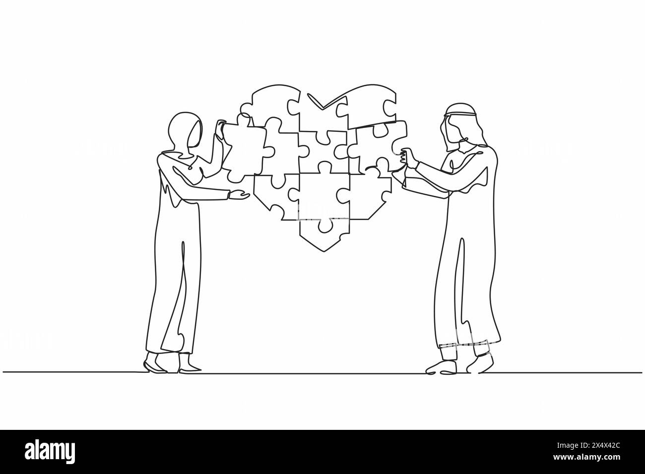 Single continuous line drawing Arab loving couple standing and forming ...