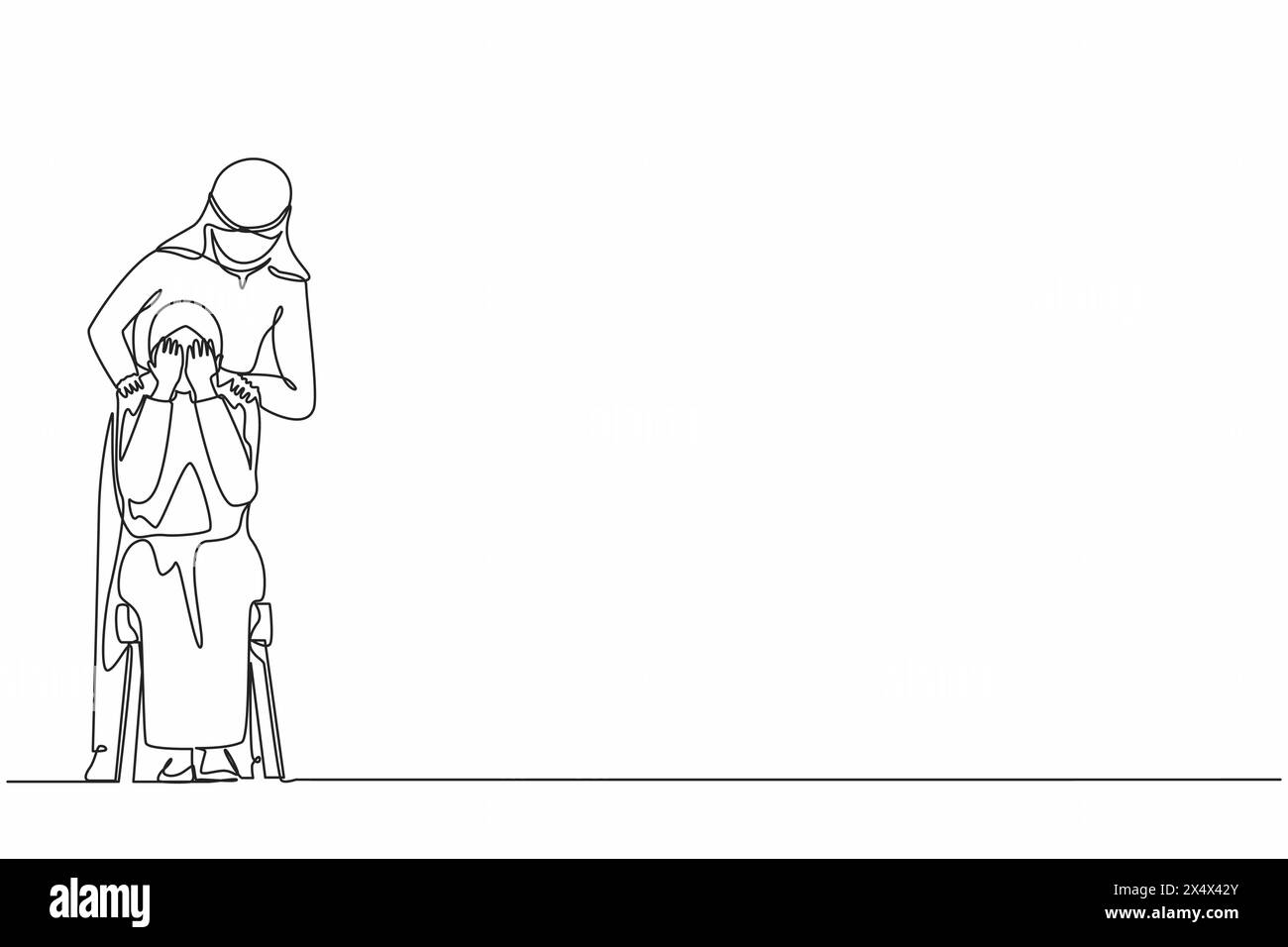 Single continuous line drawing Arab man comforting crying woman ...