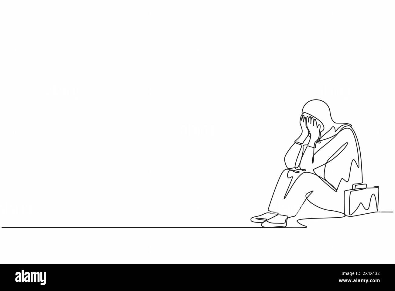 Single continuous line drawing Arab businesswoman feeling sad and ...