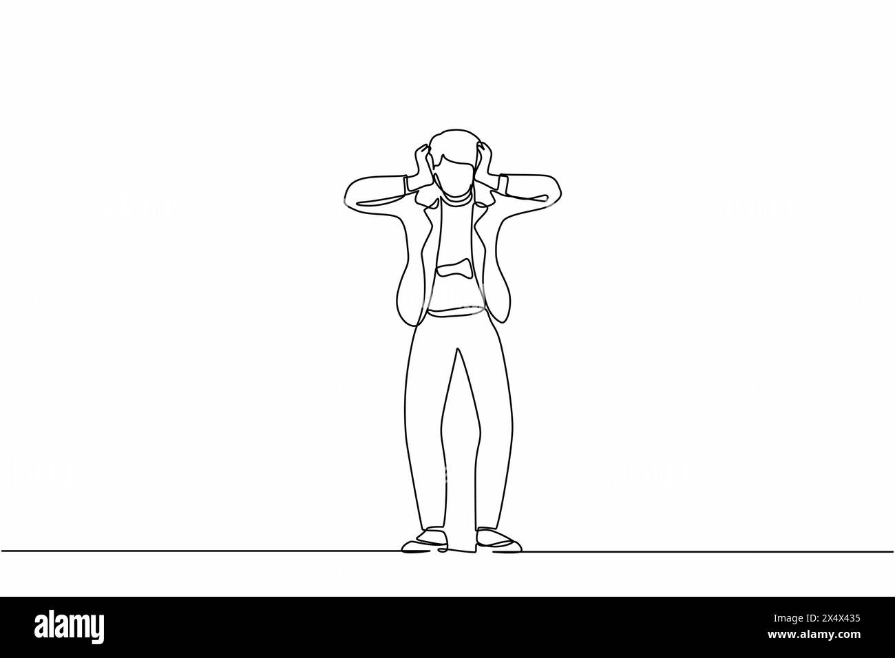 Continuous one line drawing stressed businesswoman with headache, hands ...