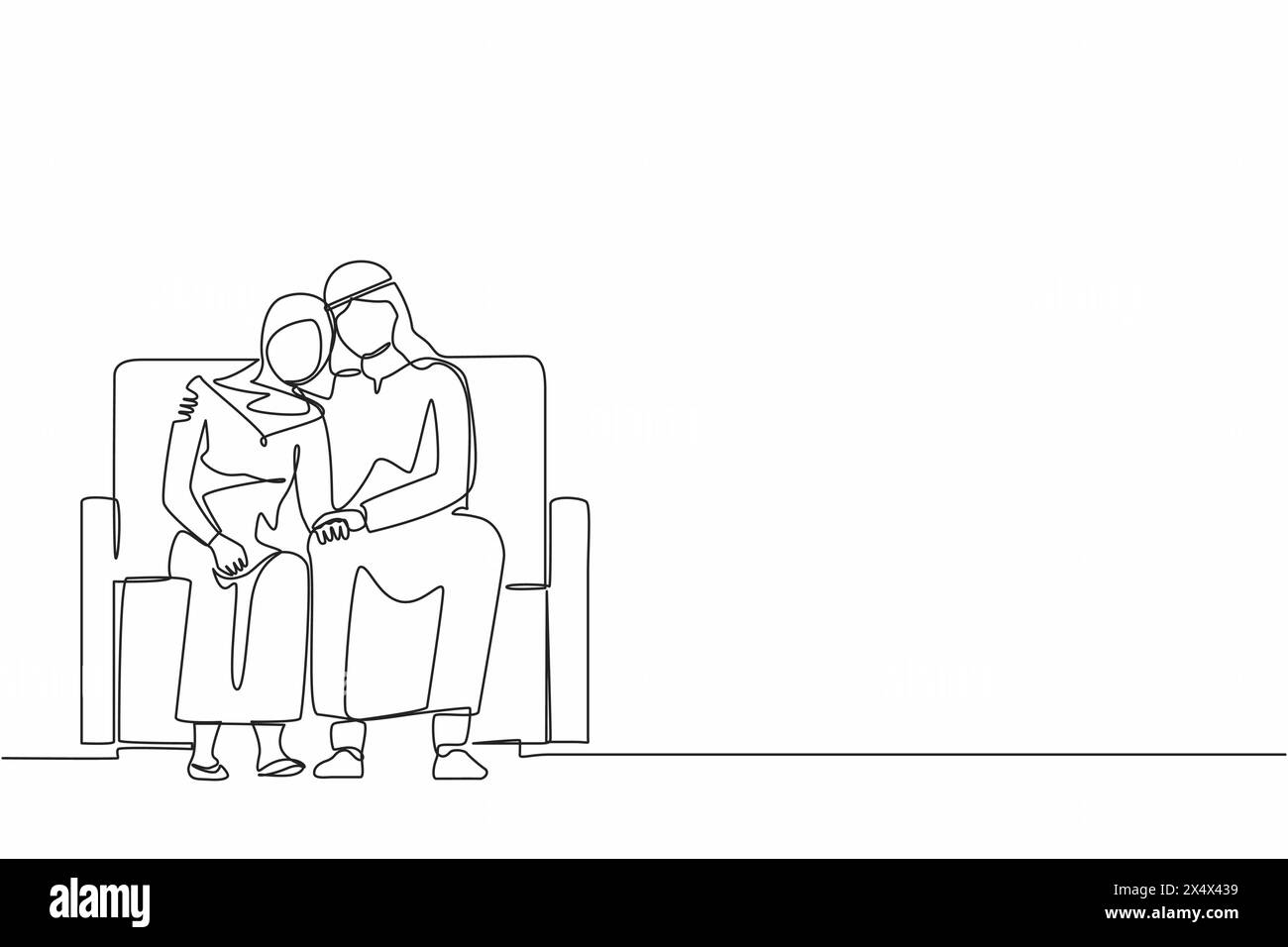 Continuous one line drawing Arabian man comforting sad woman. Male ...