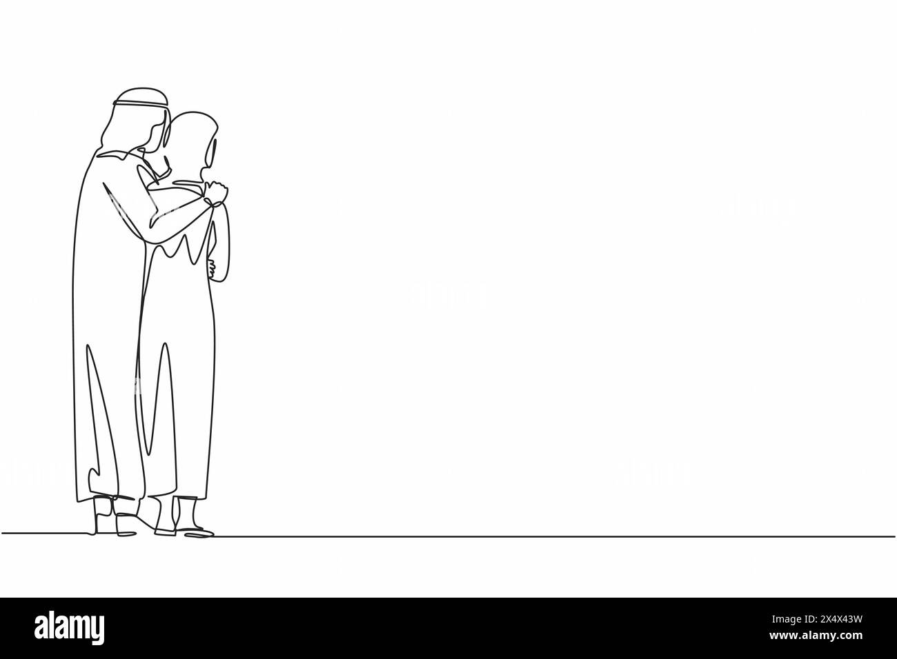 Single one line drawing back view happy Arab man woman embracing and ...