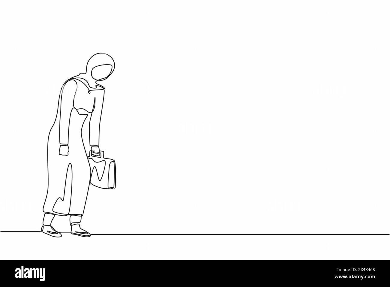 Continuous one line drawing sad Arab businesswoman looking down ...
