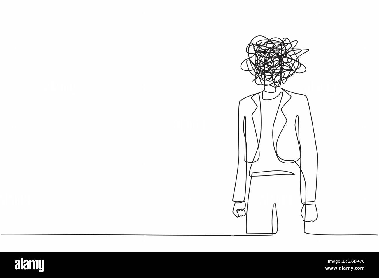 Single continuous line drawing businesswoman with round scribbles ...