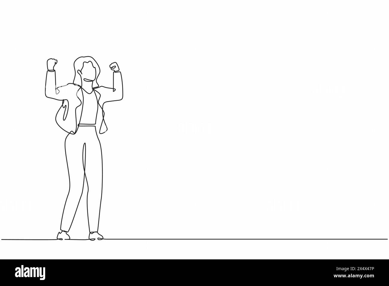 Continuous one line drawing happy businesswoman standing with raised ...