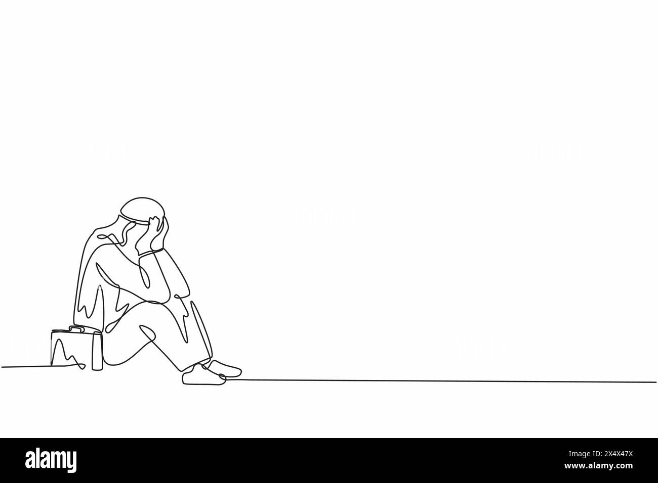 Single continuous line drawing Arabian businessman feeling sad and ...