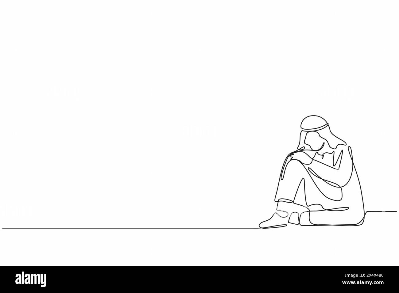 Continuous one line drawing very sad Arab businessman sitting alone on ... Continuous one line drawing very sad Arab businessman sitting alone on ...