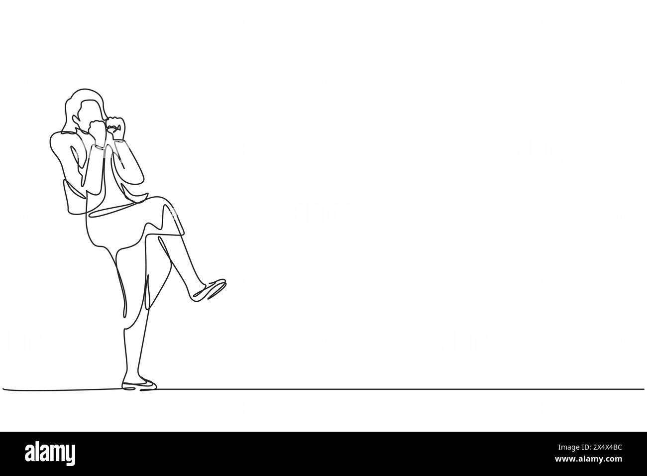 Single one line drawing happy businesswoman standing with fold one leg ...