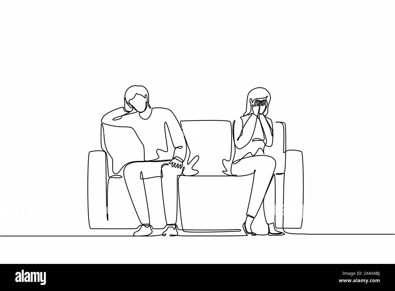 Single one line drawing sad unhappy husband and wife sitting on couch ...