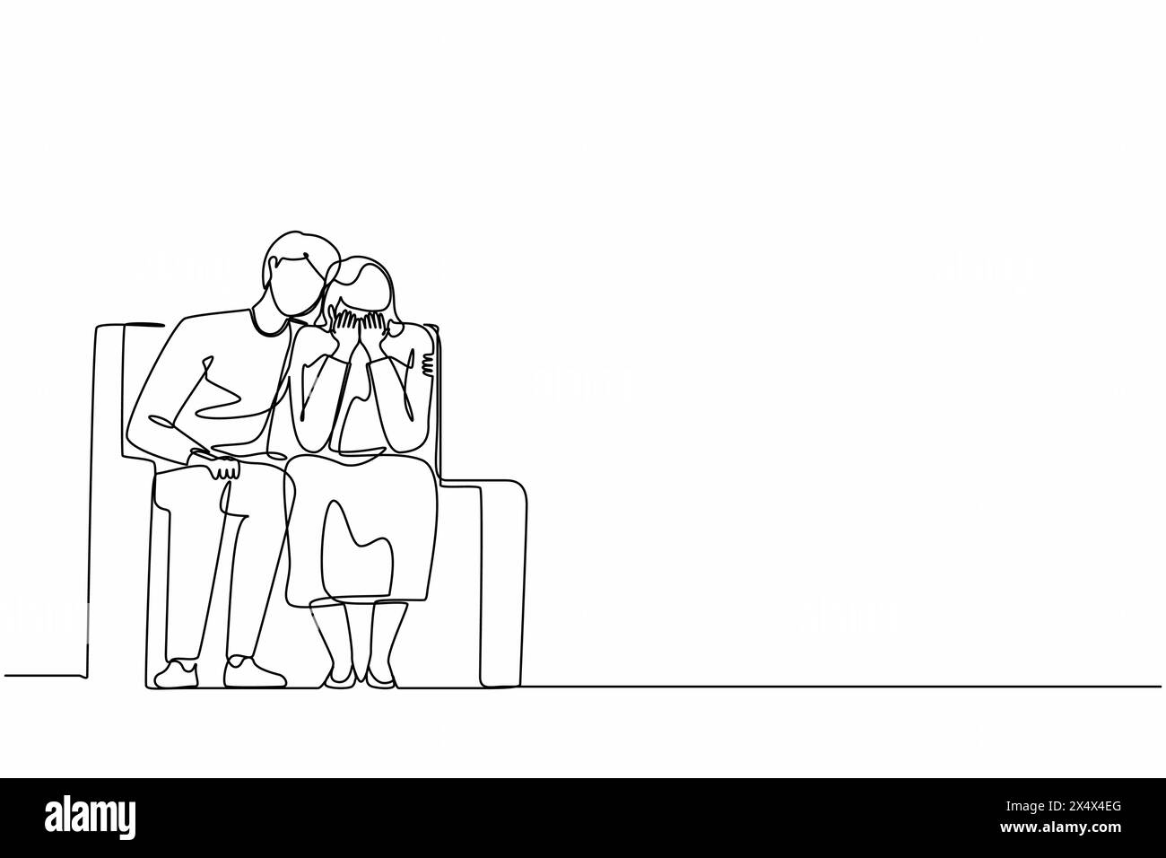Continuous one line drawing young caring man sitting on sofa, hugging ...