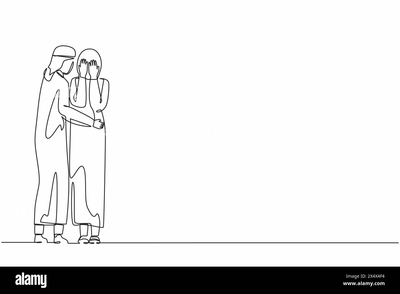 Single Continuous Line Drawing Arabian Man Comforting Her Crying Best