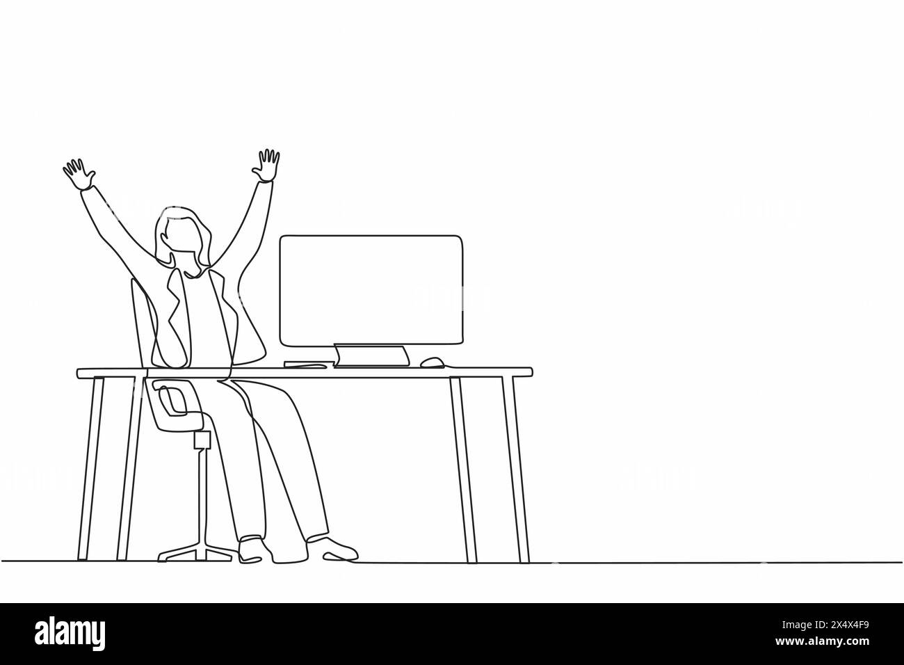 Continuous one line drawing happy businesswoman sitting with raised ...
