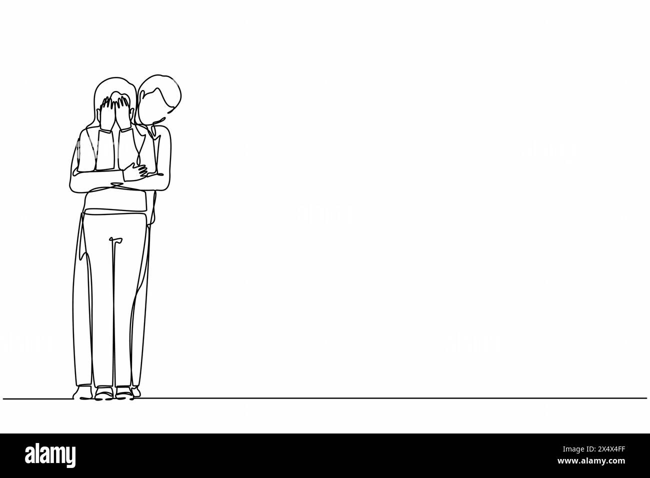 Single continuous line drawing man husband calming his crying woman ...