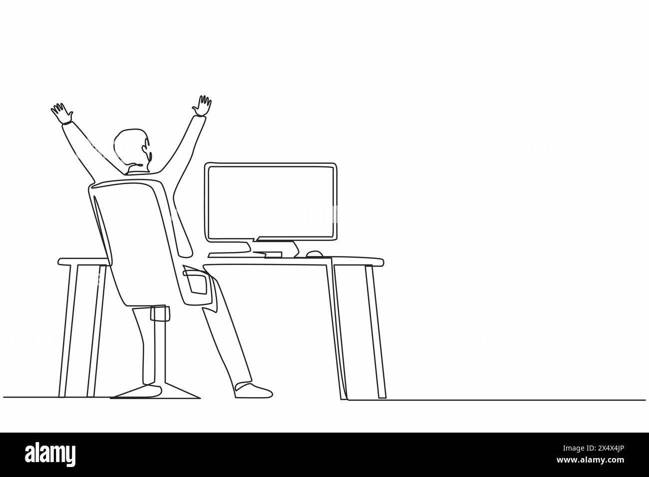 Single Continuous Line Drawing Back View Happy Man Completed Task And