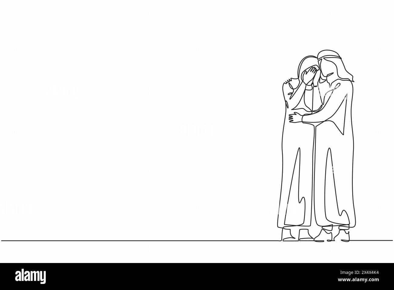 Single one line drawing Arabian man hugging soothing sad depressed ...