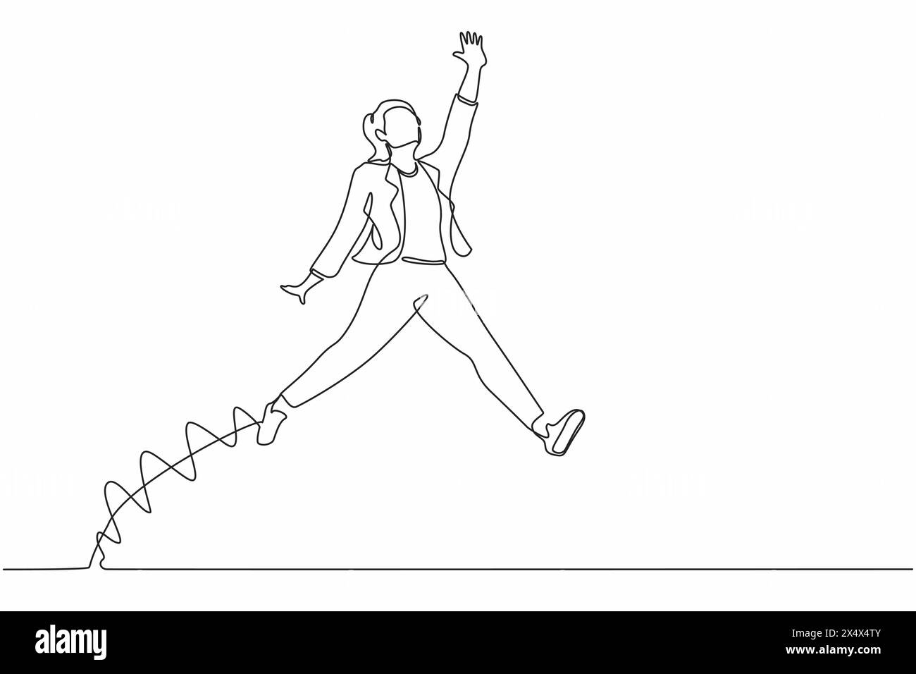 Single one line drawing happy businesswoman jumping with spreads both ...