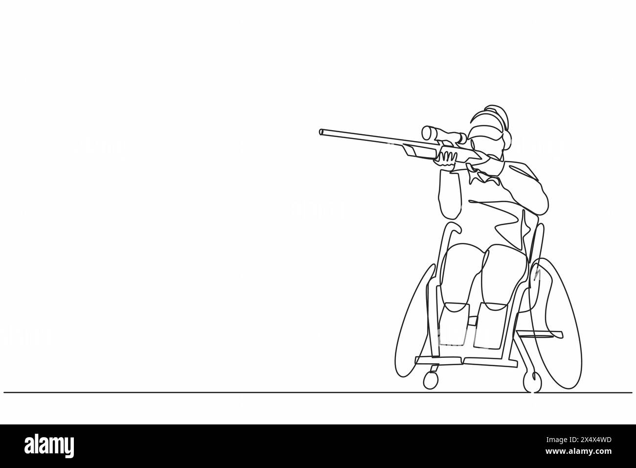 Continuous one line drawing female athlete on wheelchair shooting sport ...