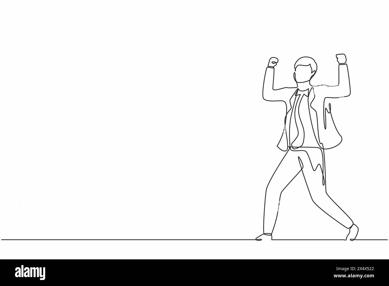 Single one line drawing happy businessman standing with raised his ...