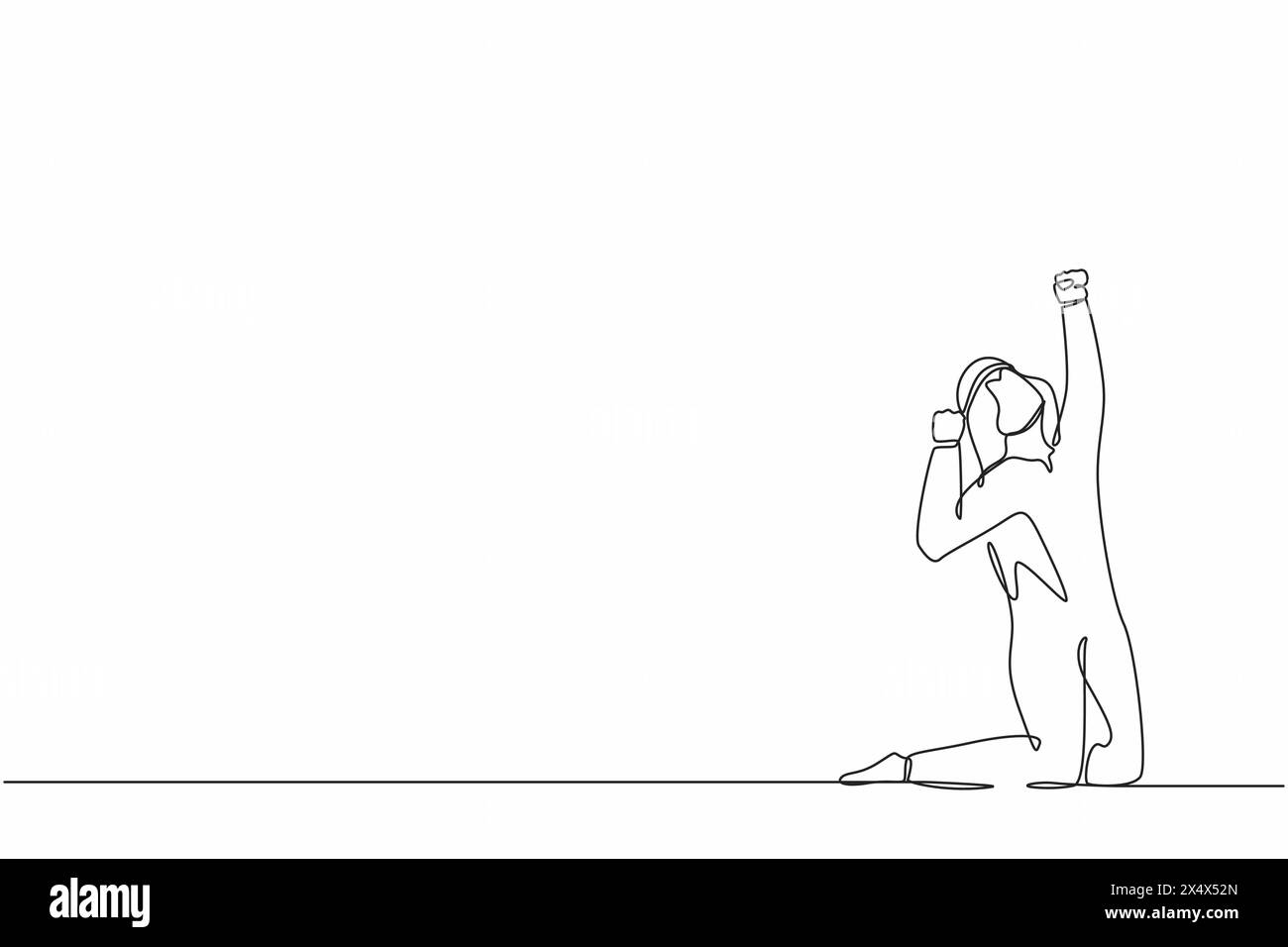 Single one line drawing happy Arabian businessman kneeling with raised ...