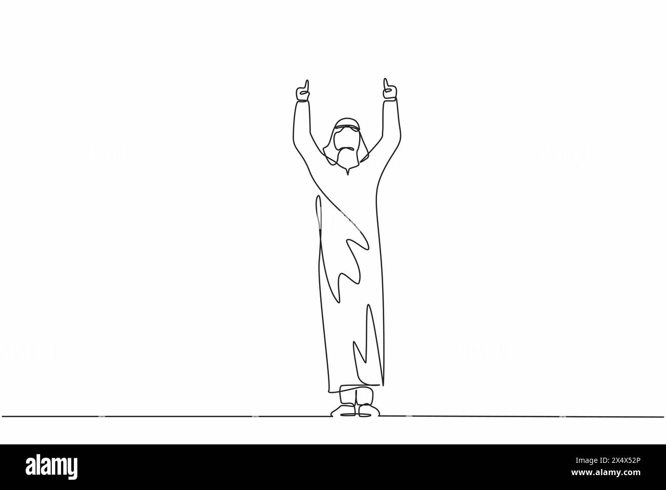Single continuous line drawing happy Arab businessman standing and both ...