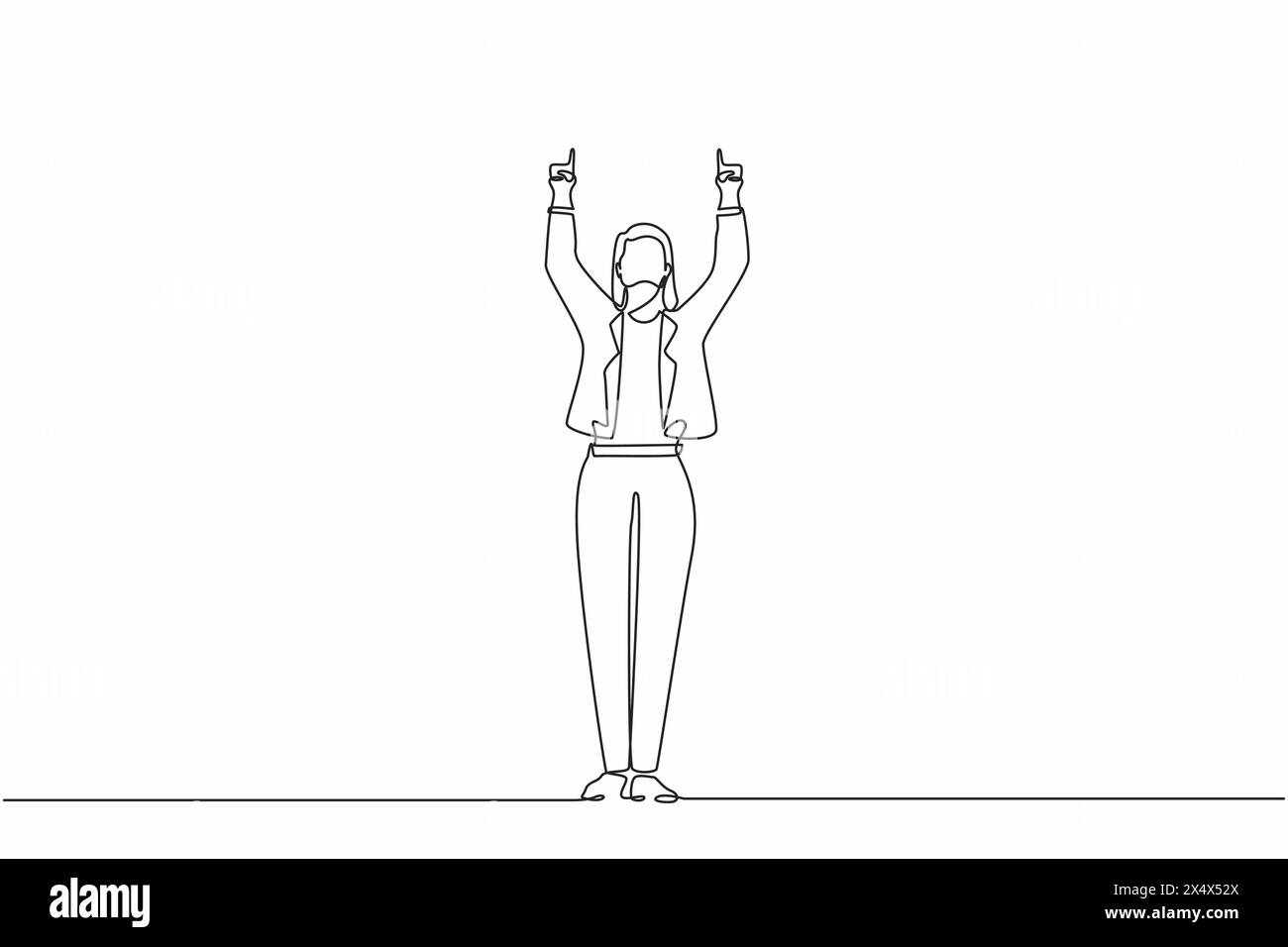 Single one line drawing happy businesswoman standing and both hands ...