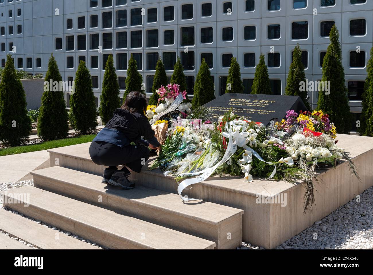Chinese lady respectfully laying flowers at the memorial to the former ...